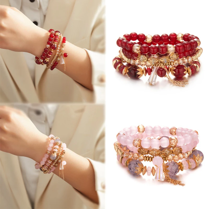 2022 New Creative Beaded Crystal Ladies Bracelets 4 Pack Multi-layer ...