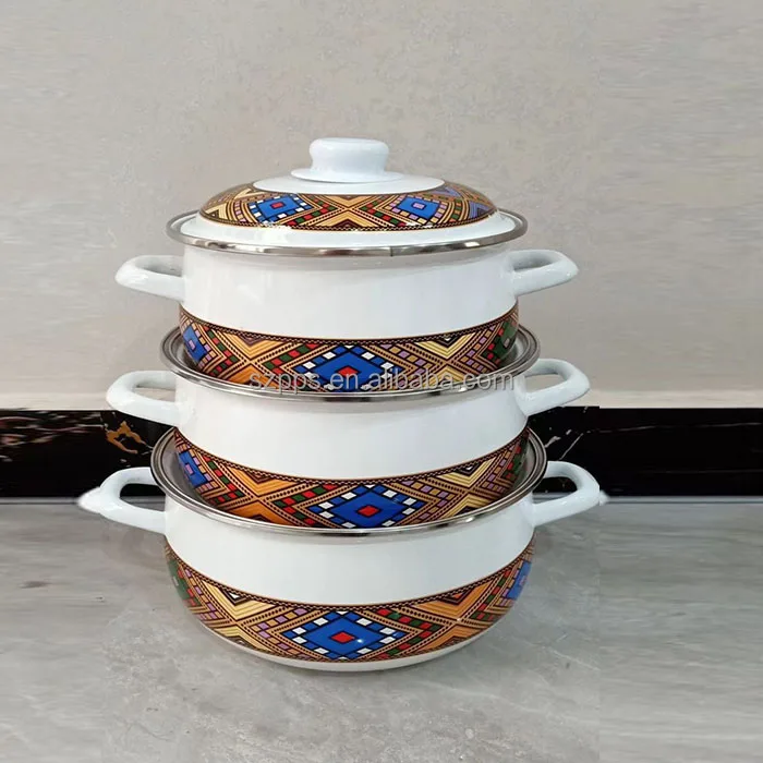 Ethiopian Traditional Art Enamel Cookingware Set - 5pcs Cast Iron Set ...