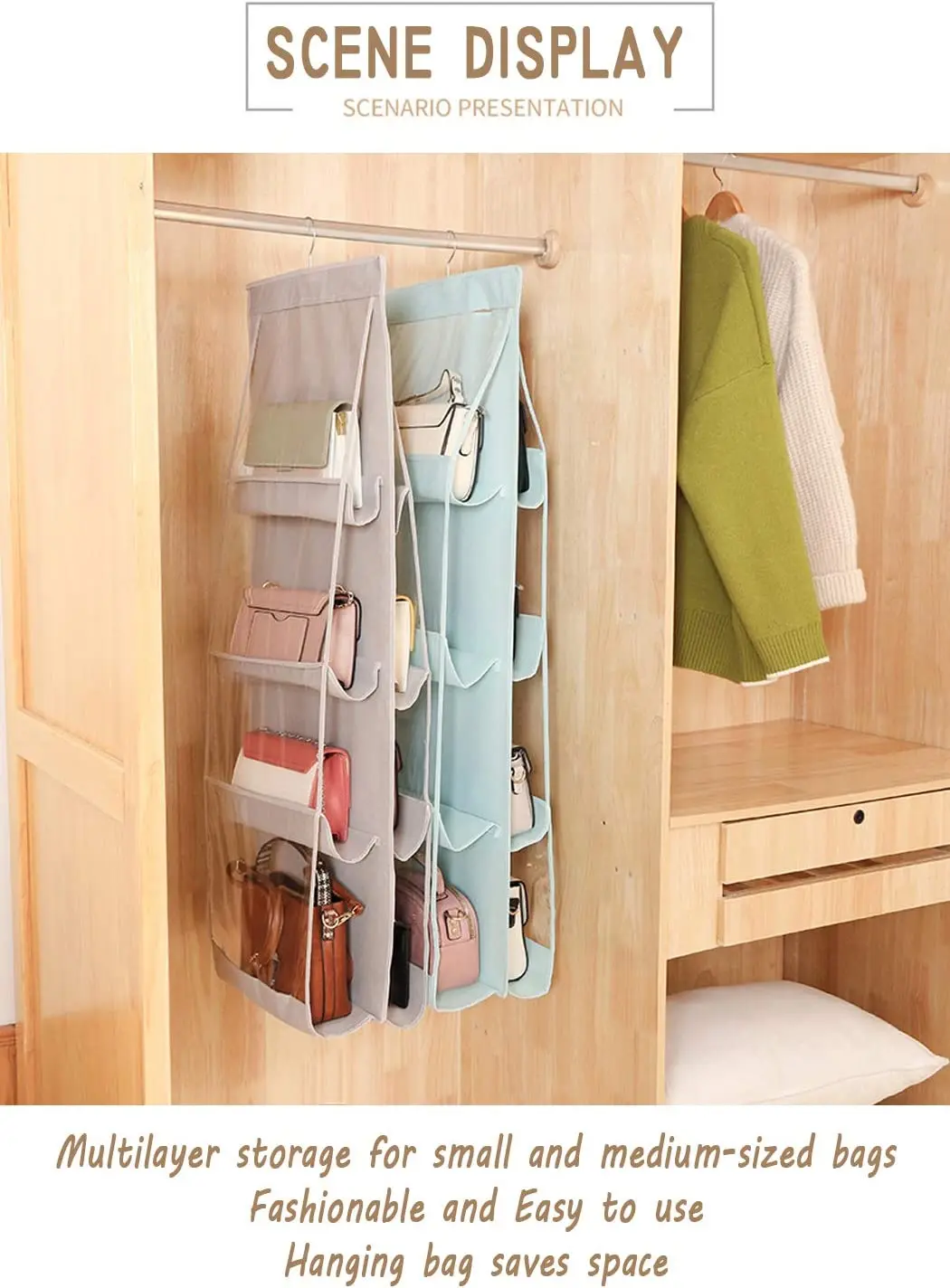 6 Pocket Hanging Handbag Organizer Wardrobe Clothes Organizer Storage ...