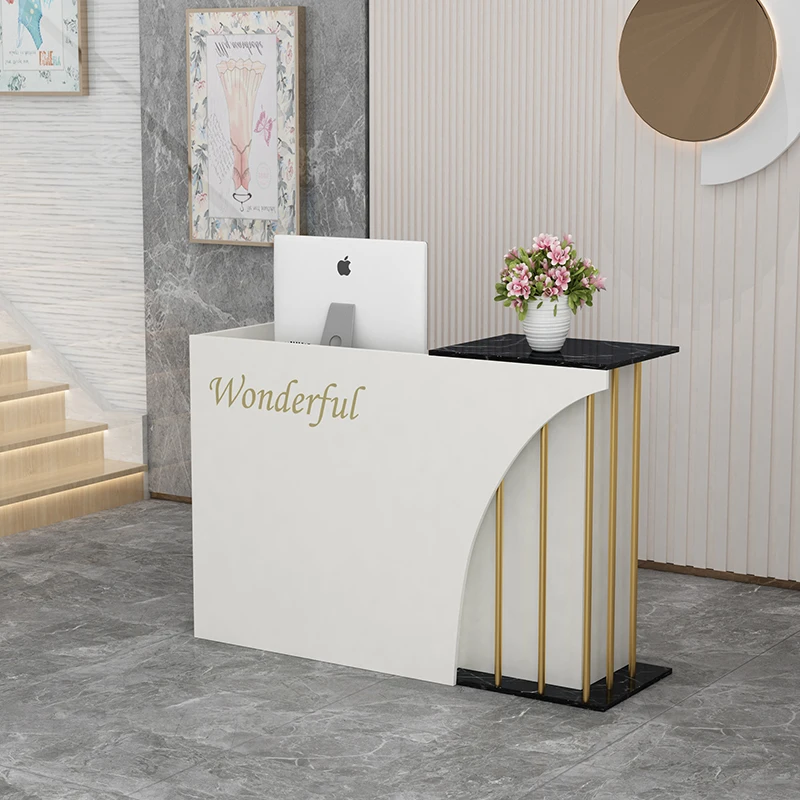 White Gold Luxury Front Small Reception Desk Wooden High-end Design ...