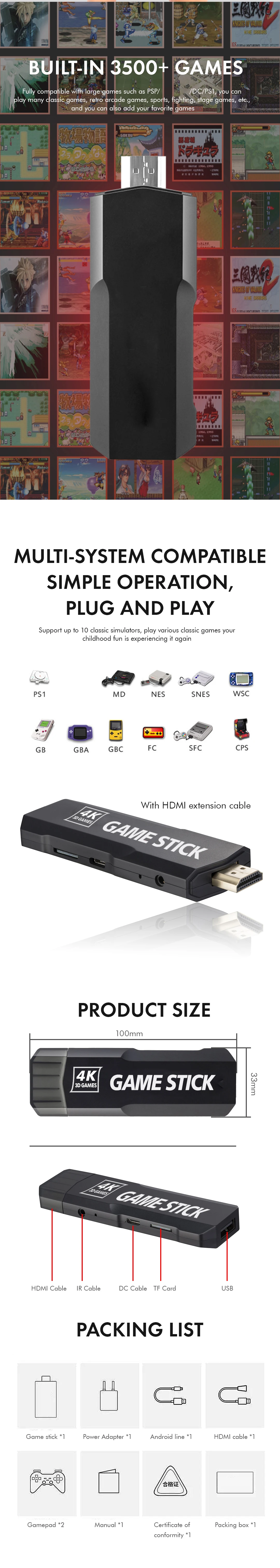 Gd10 New 4k Game Stick Hd Retro Console Tv Dongle Ps1/ps Emulator Retro ...