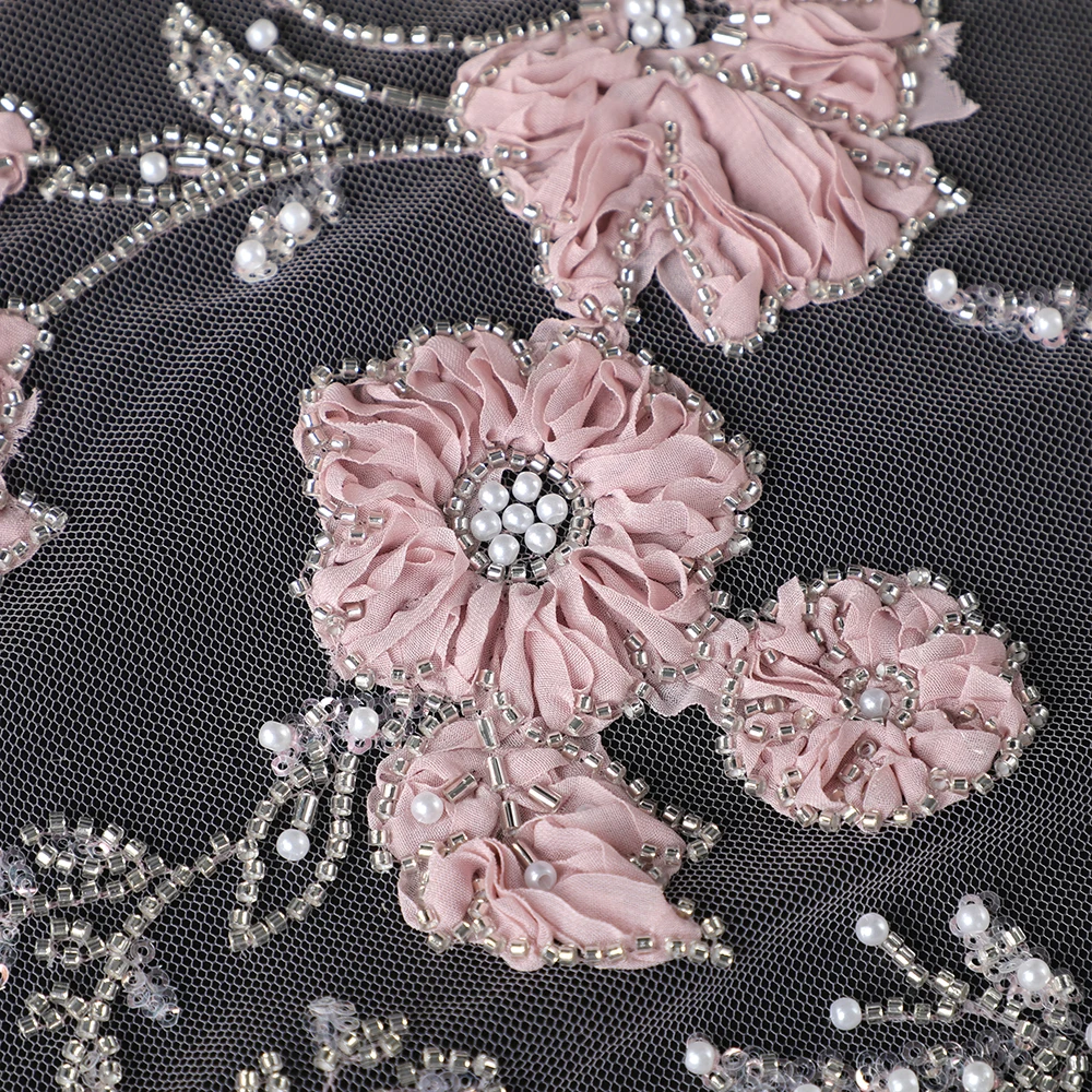 High Quality Custom Logo Bead Embroidery Lace Fabric Polyester Wedding ...