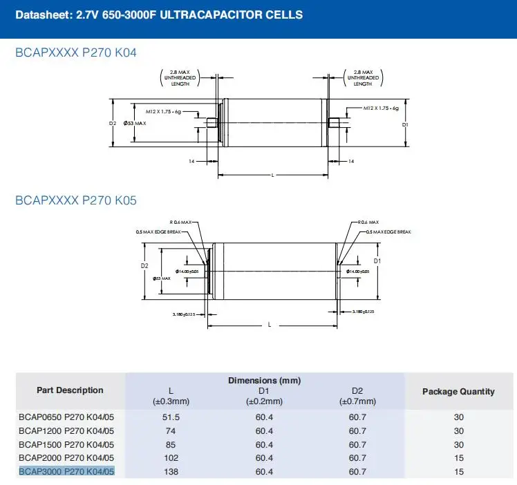 2.7V BCAP3000 P270 K04 3000F Super Farad Capacitor - in Stock