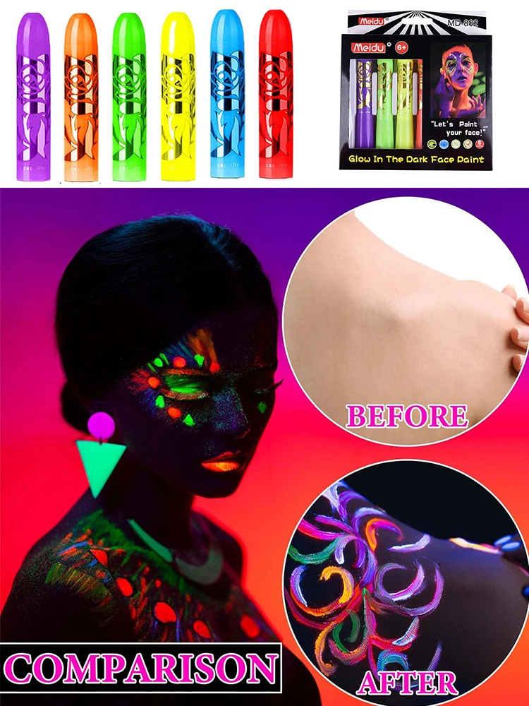 6 Colors Fluorescent Crayons Kit Glow in the Black Light Body Face ...
