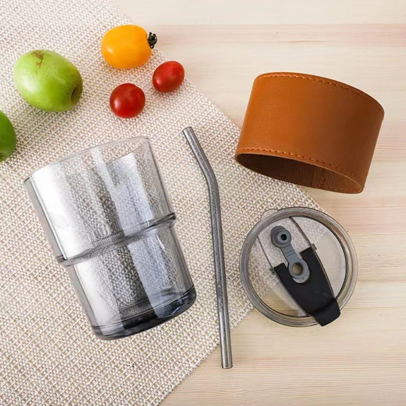 Wholesale 450ml Clear Glass Slub Cup with Lid & Straw