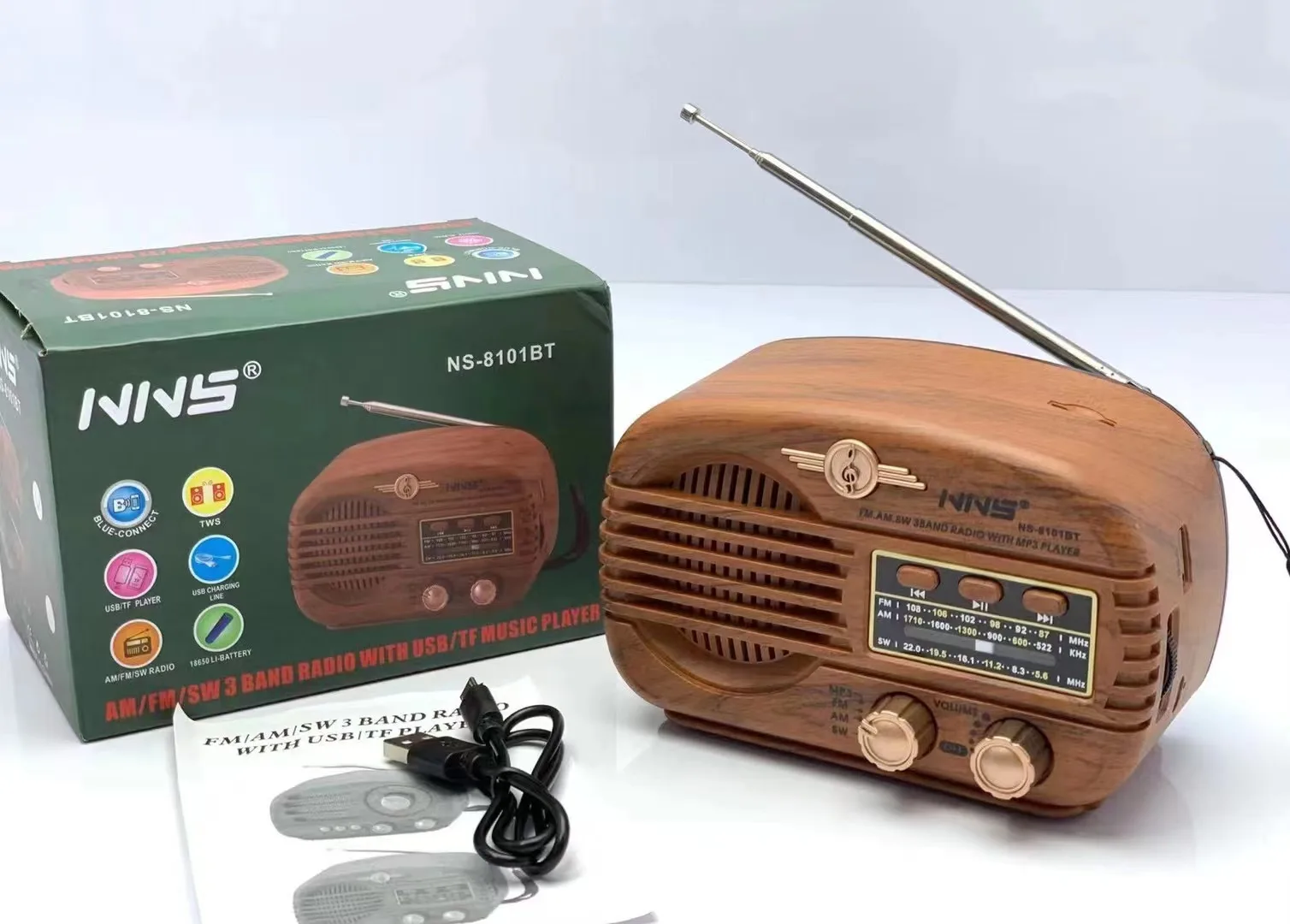 NNS NS-8101BT Portable Wireless Vintage Am Fm Radio