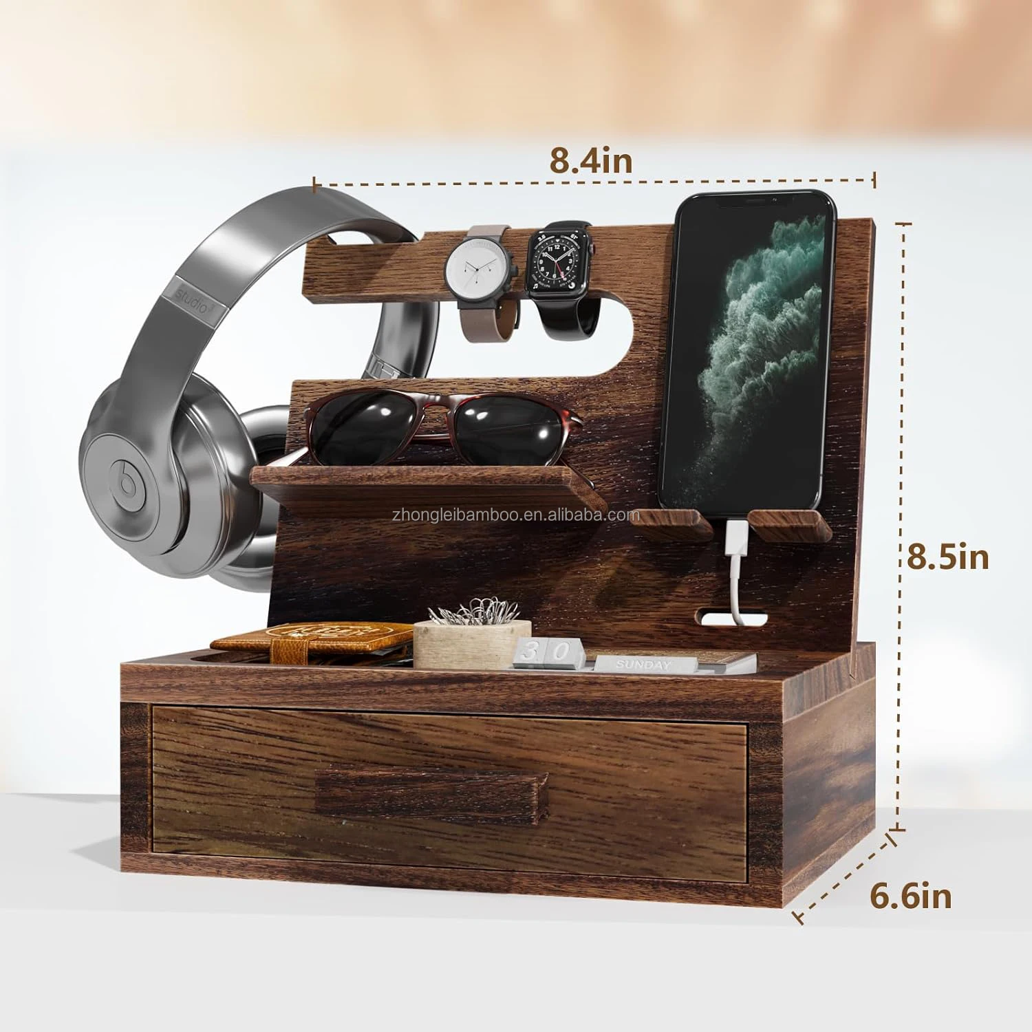 Wooden Phone Docking Station With Drawer Mens Solid Desk Nightstand ...