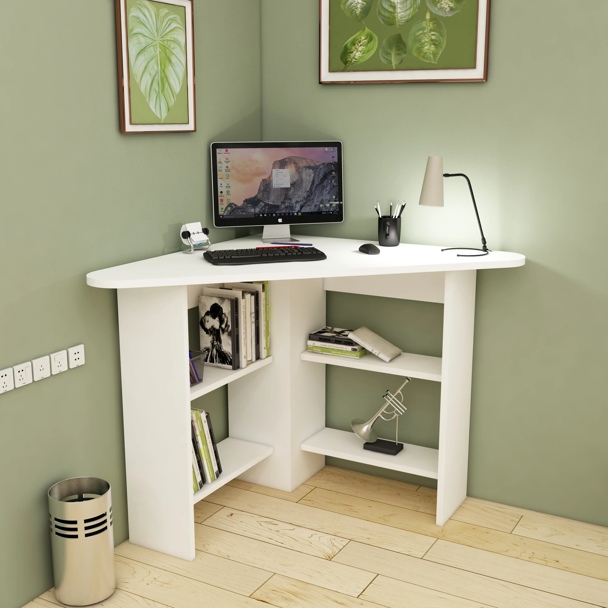 Triangle Wooden Corner Computer Desk With Shelves Small Writing Study ...