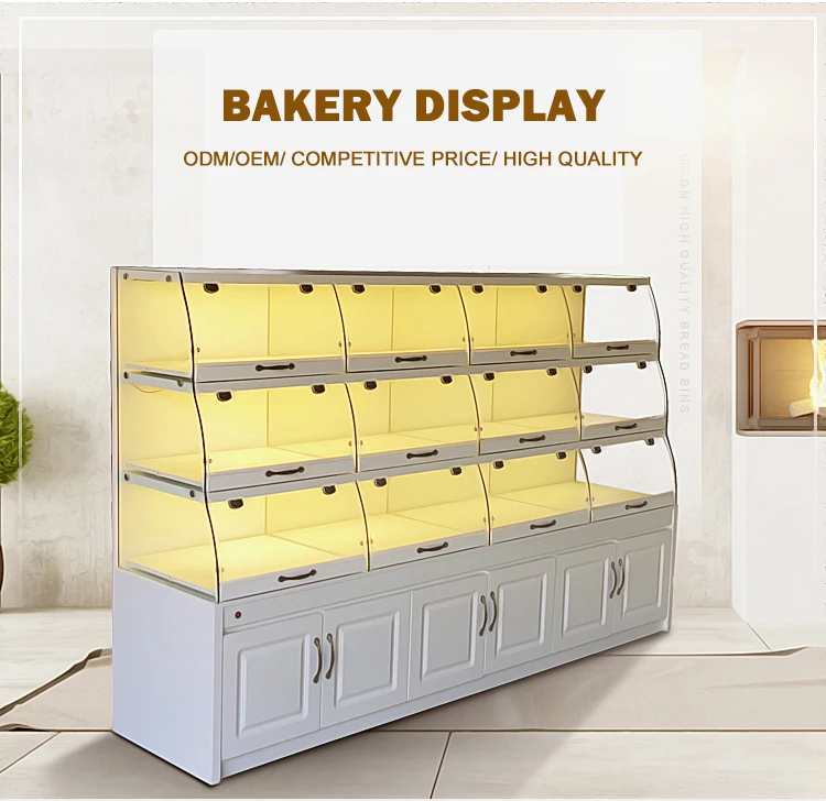Customized Glass Wooden Pull Out Tray Bread Display Rack