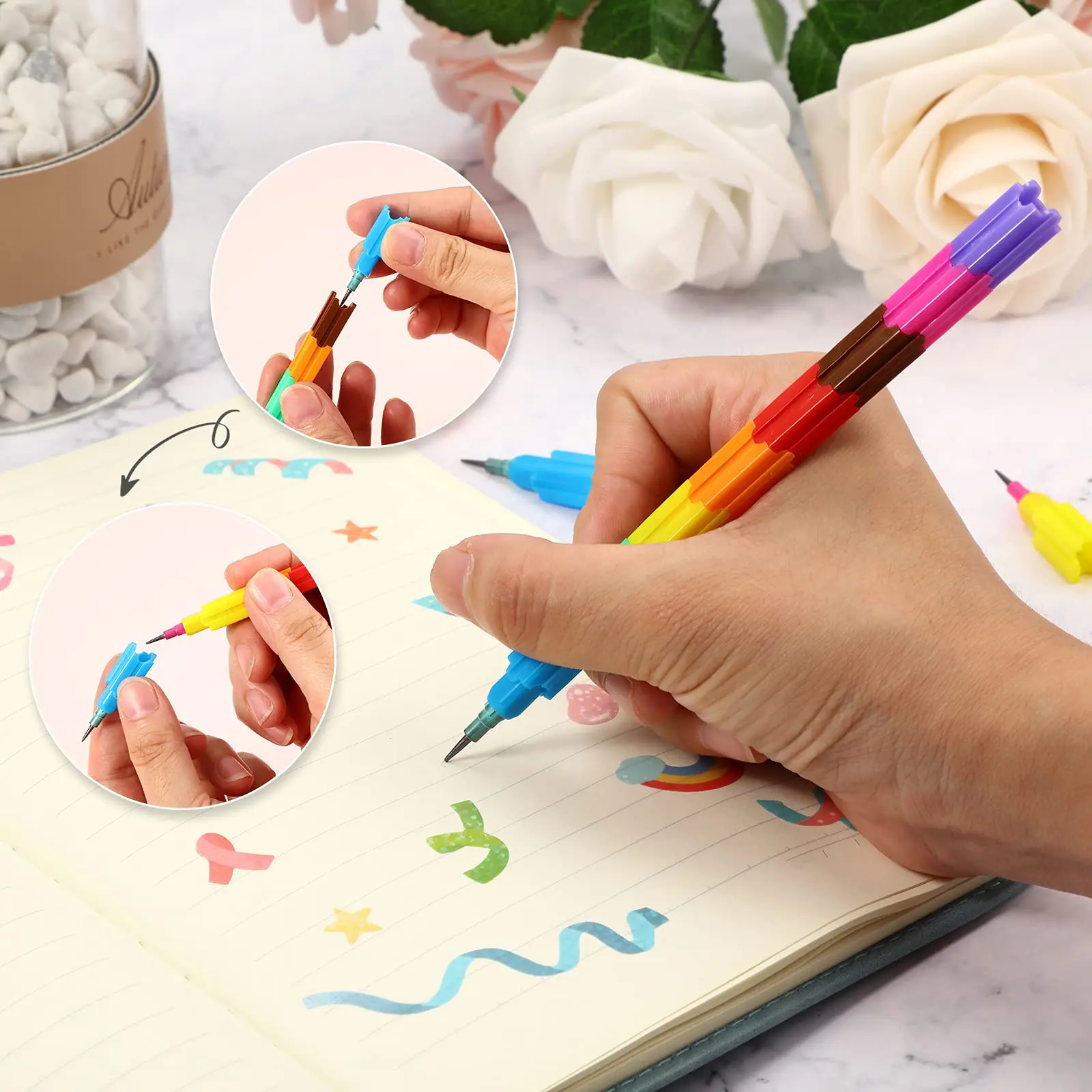 8 Colors Stackable Pencil Rainbow Plastic Kids Stacking Point Pencils ...