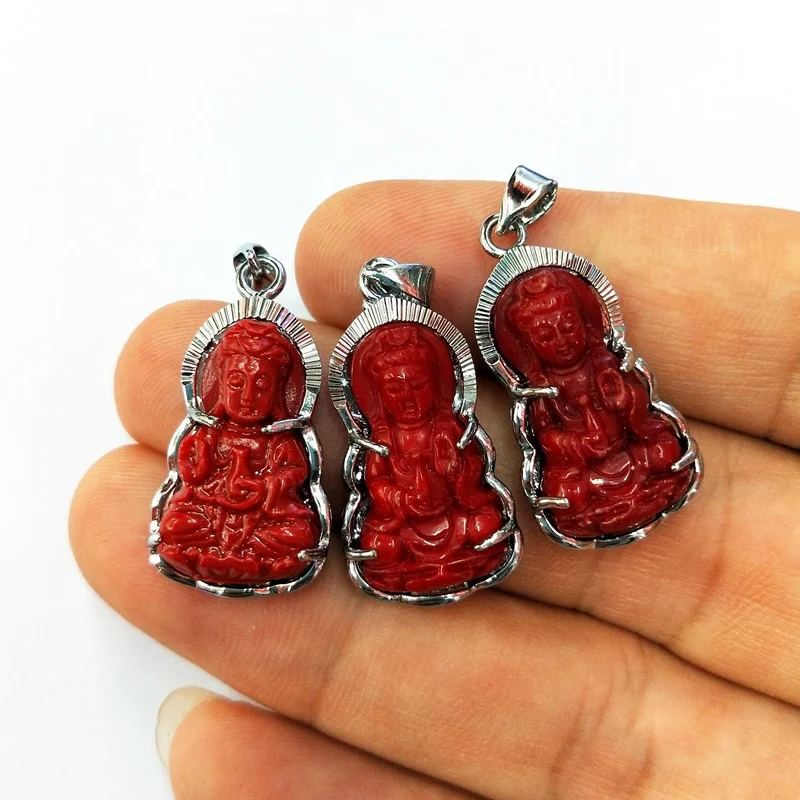 Hand Carved Buddha Charms - Red Natural Bamboo Coral Pendants