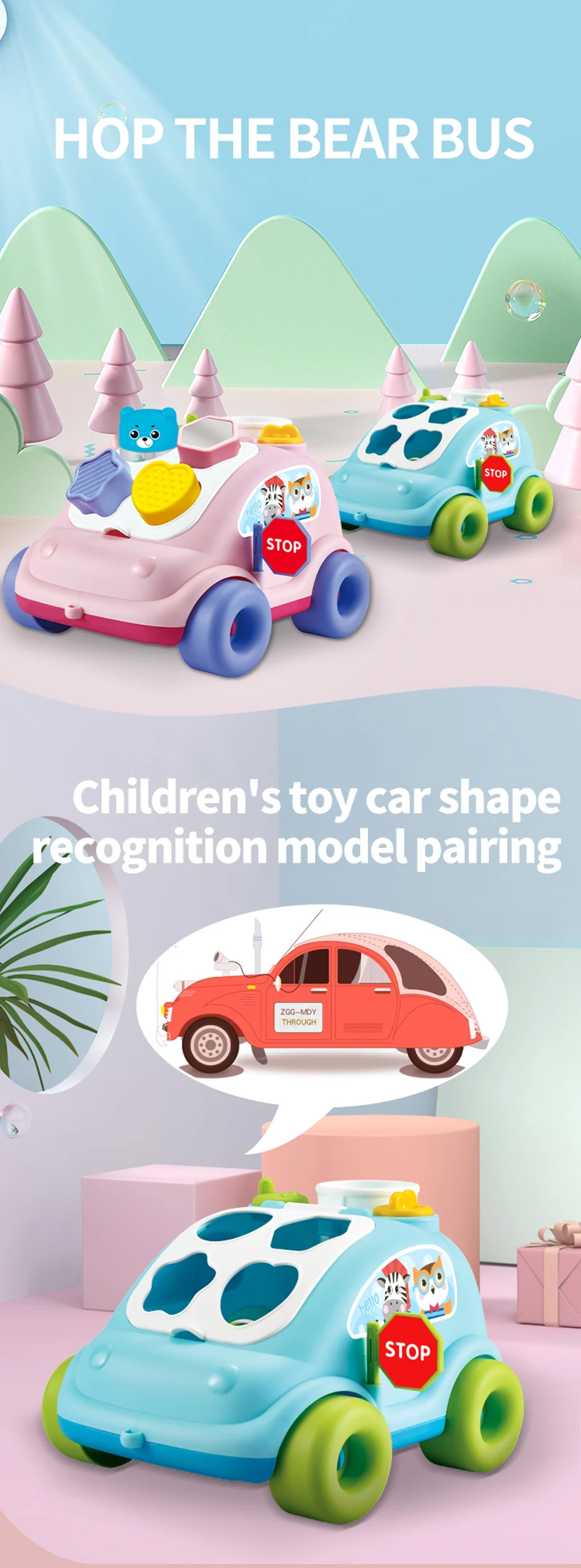 Toddler Educational Push Pull Cart First Building Block Bus Toys Shape ...