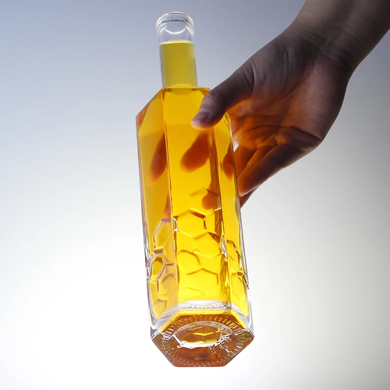 Hexagon Glass Bottle 750ml Whiskey Vodka Transparent Beehive Pattern ...