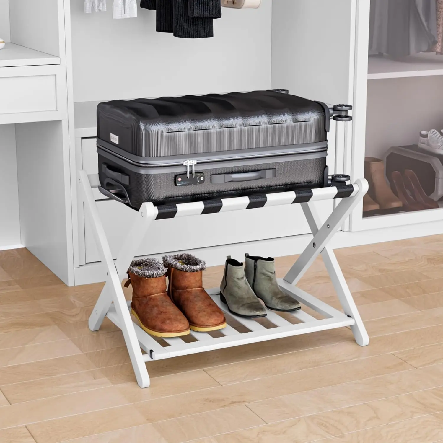 Fully Assembled White Luggage Rack For Guest Room,5 Straps Bamboo ...