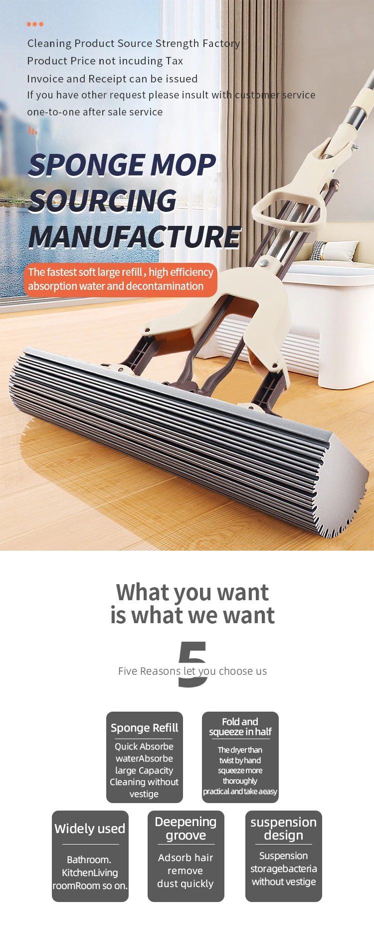 Free-handwash Folded Sponge Mop With Absorbent Cotton Thread Head ...