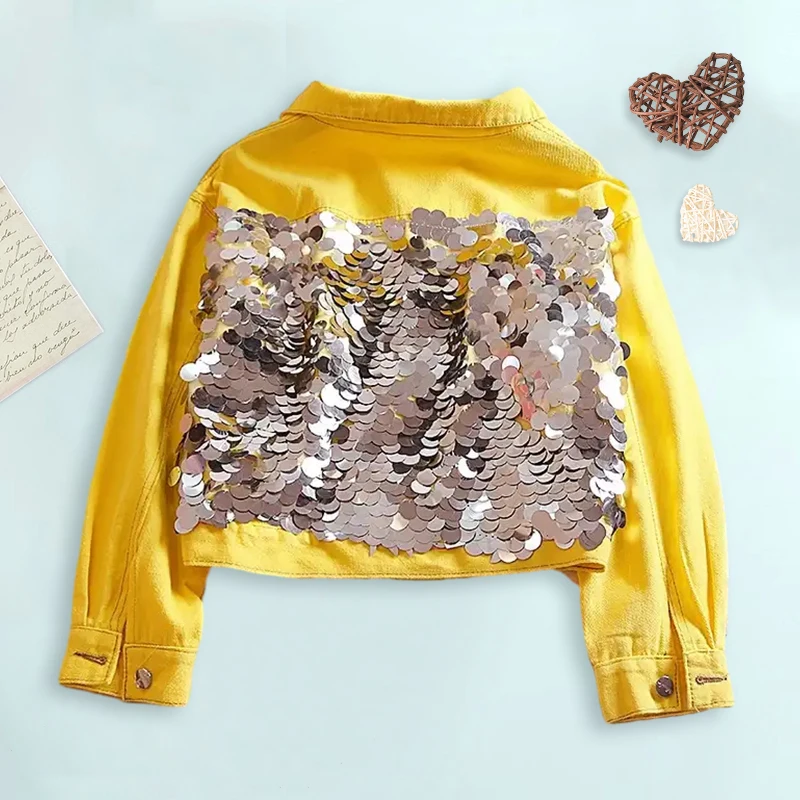 Custom Sequin Patches Girls Denim Jacket Short Style
