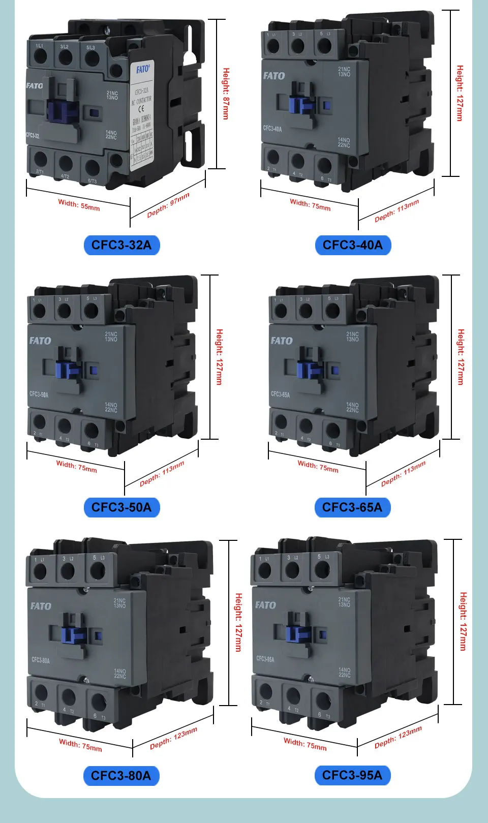 FATO CFC3 Series Contactor Three Phase Magnetic NO+NC 9/12/18/25/32/40/50/65/80/95A 220/380/660V ...