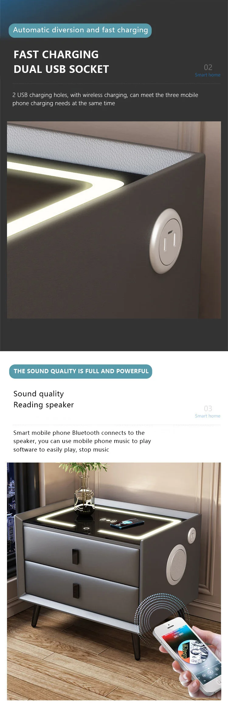 Modern Wooden Smart Bedside Table with Wireless Charging & LED Light ...