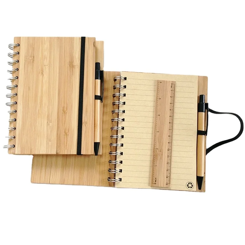 Custom Eco-Friendly Recycled Paper A5 Spiral Bamboo Cover Notebook with Pen