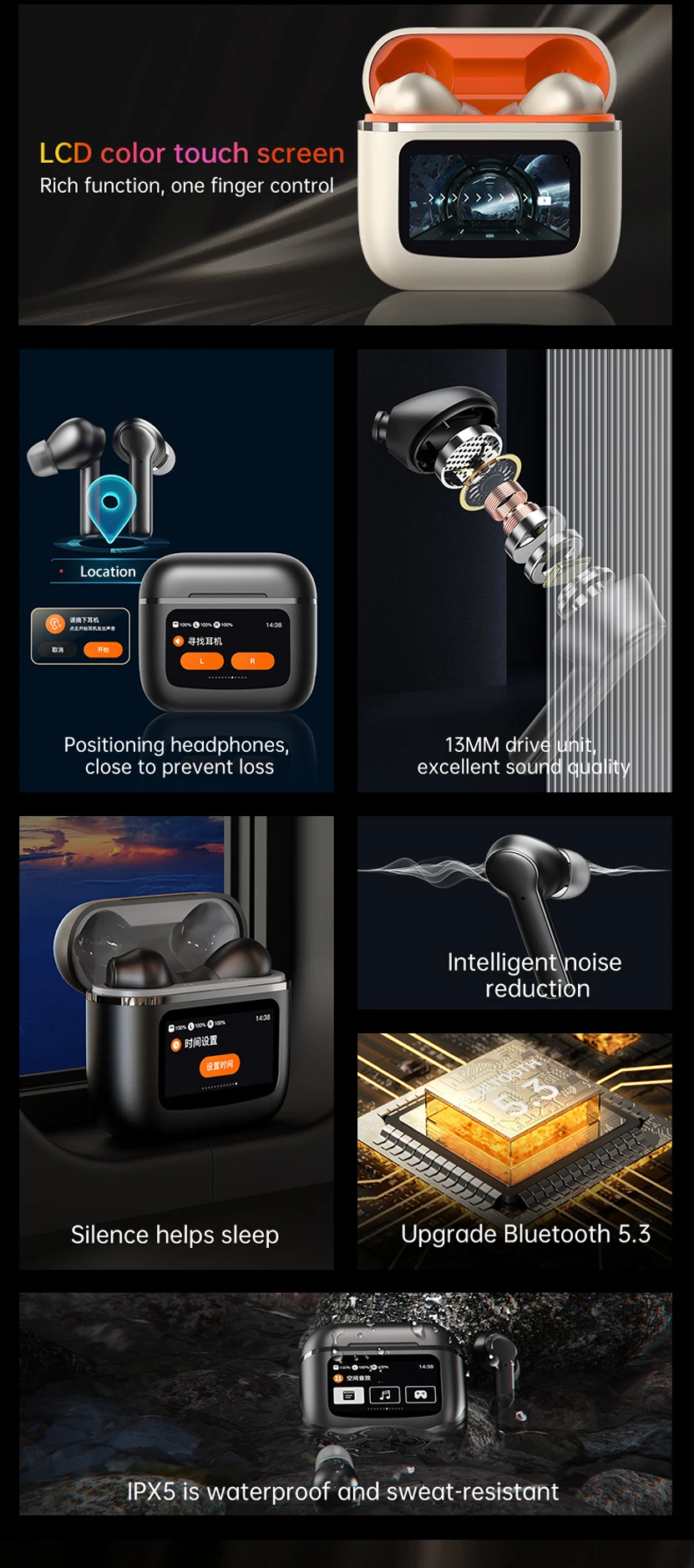 T68 Wireless Earphones Color Led Screen Active Noise Cancelling ...