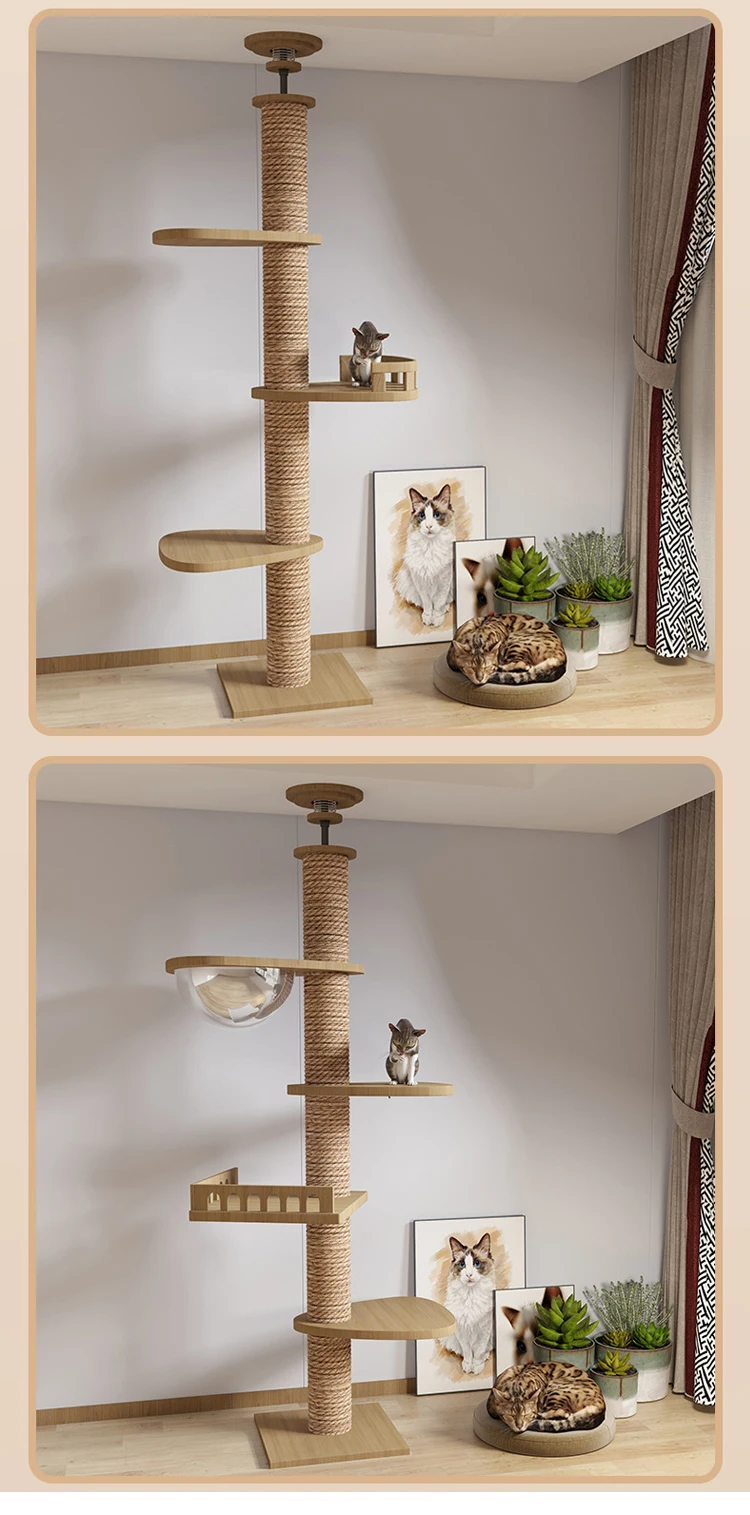 Luxury Wooden Floor To Ceiling Cat Climbing Scratcher Cat Tree Condo