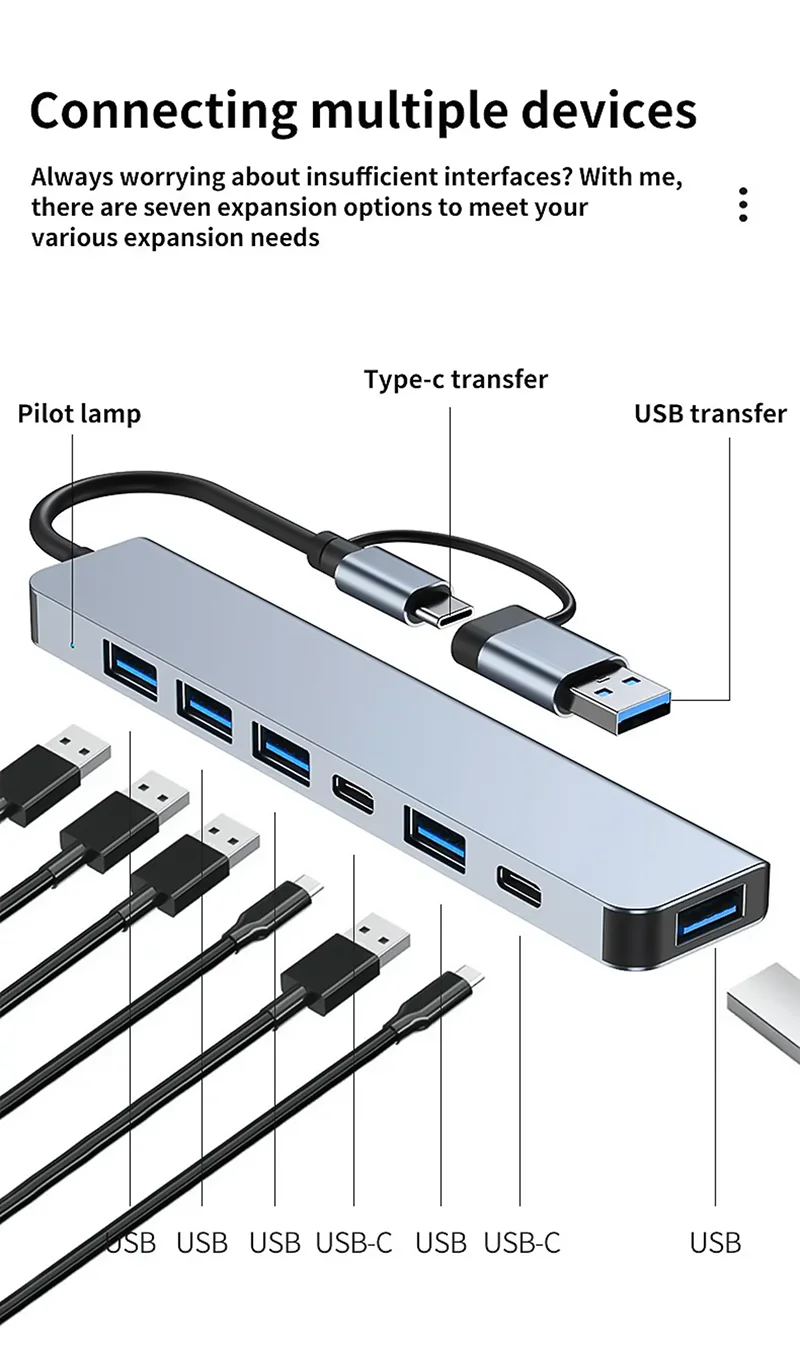 Multiport USB C Hub Splitter 7 in 1 Adapter Type c 3.0 USB Hubs With ...