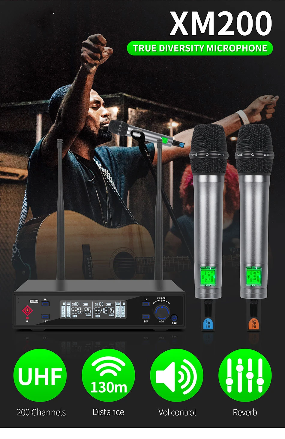 GPUB XM200 Two Mode UHF Switch True Diversity System 2 Handheld ...