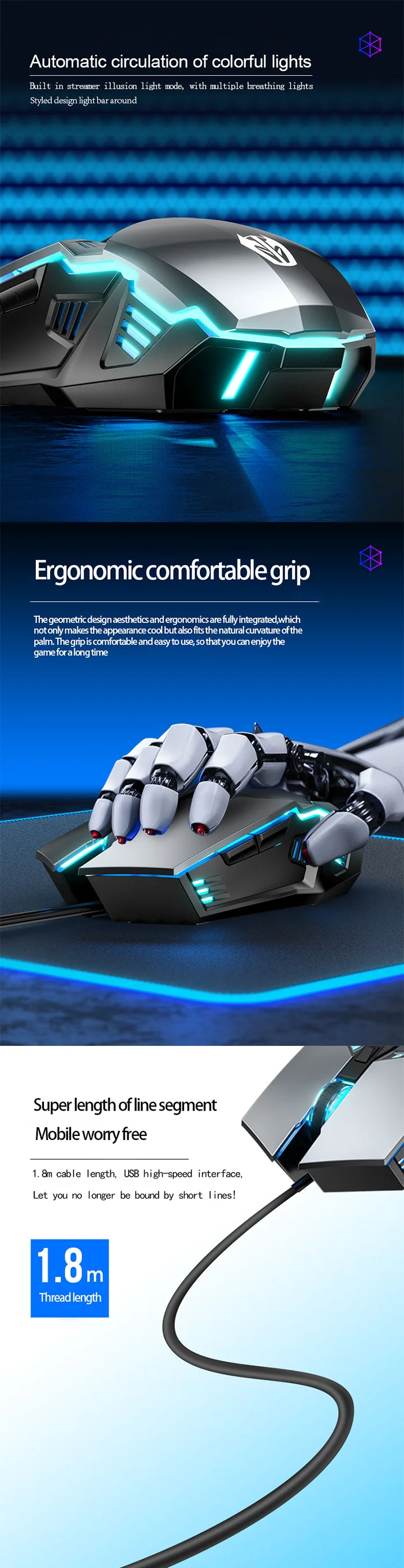 Custom Mech Gaming Mouse - 1.8M Cable, Programmable DPI