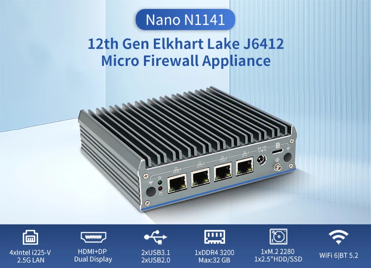 Firewall Router Cele-ron 12th J6412 OEM Fanless Mini PC with 4*I225-V 2 ...