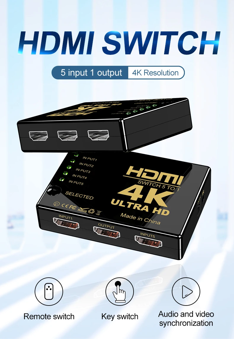 5 Port HDMI Switcher - Justlink 5x1 HDMI Switch with 4K