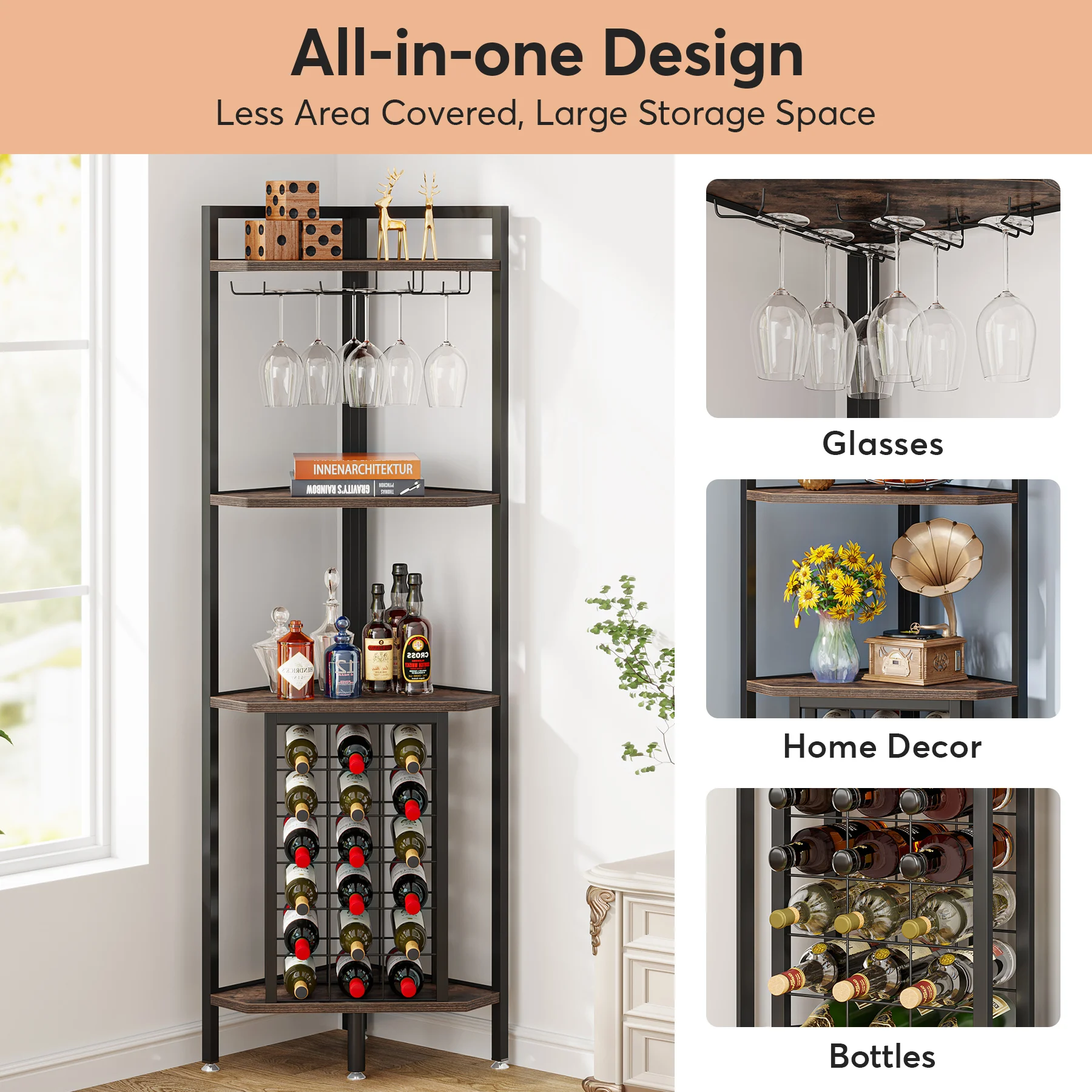Tribesigns Modern Small Wooden Corner Bar Showcase Cabinet
