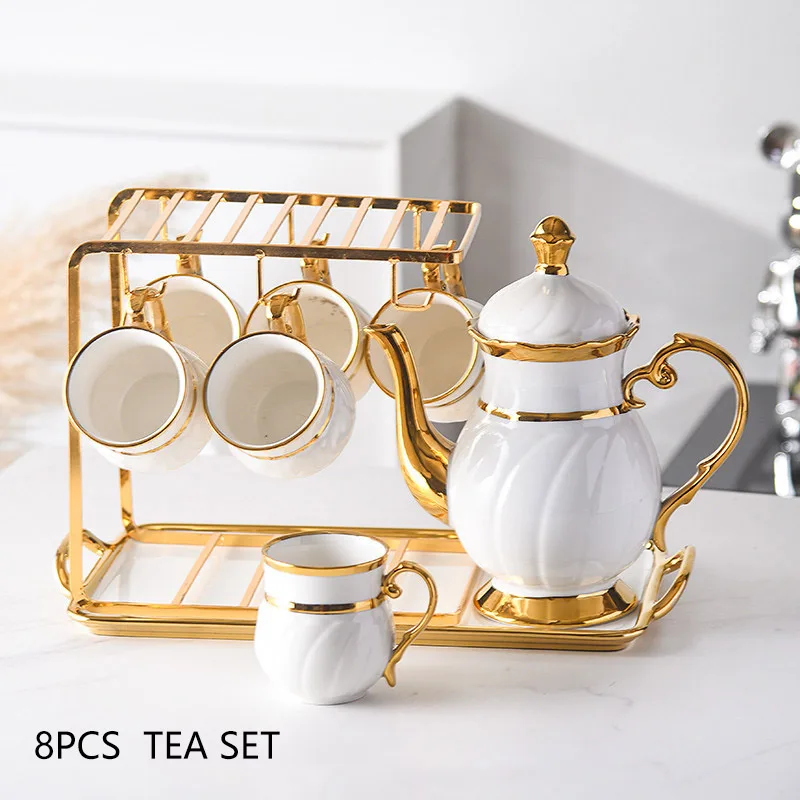 Luxury Tea Set Ceramic 8PCS - Golden Tea Pot & Porcelain Cups