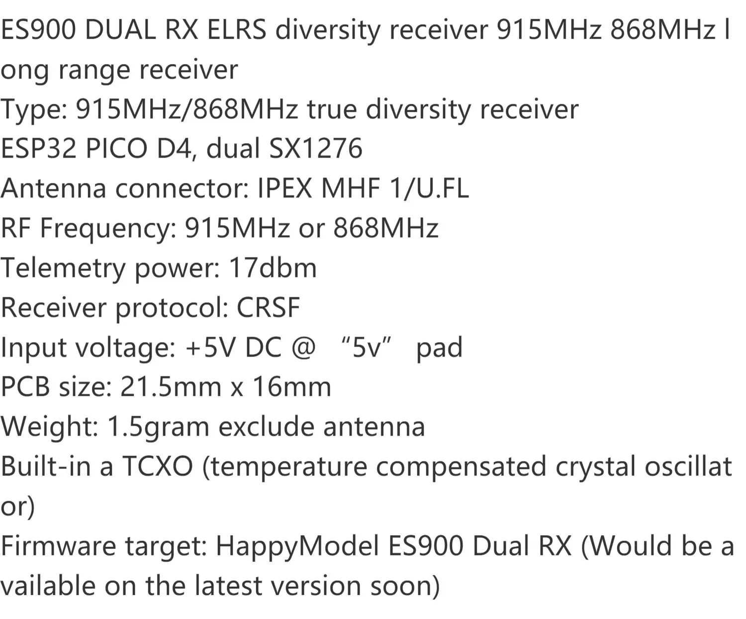 Happymodel ES900 DUAL RX ELRS Diversity Receiver 915mhz/868mhz