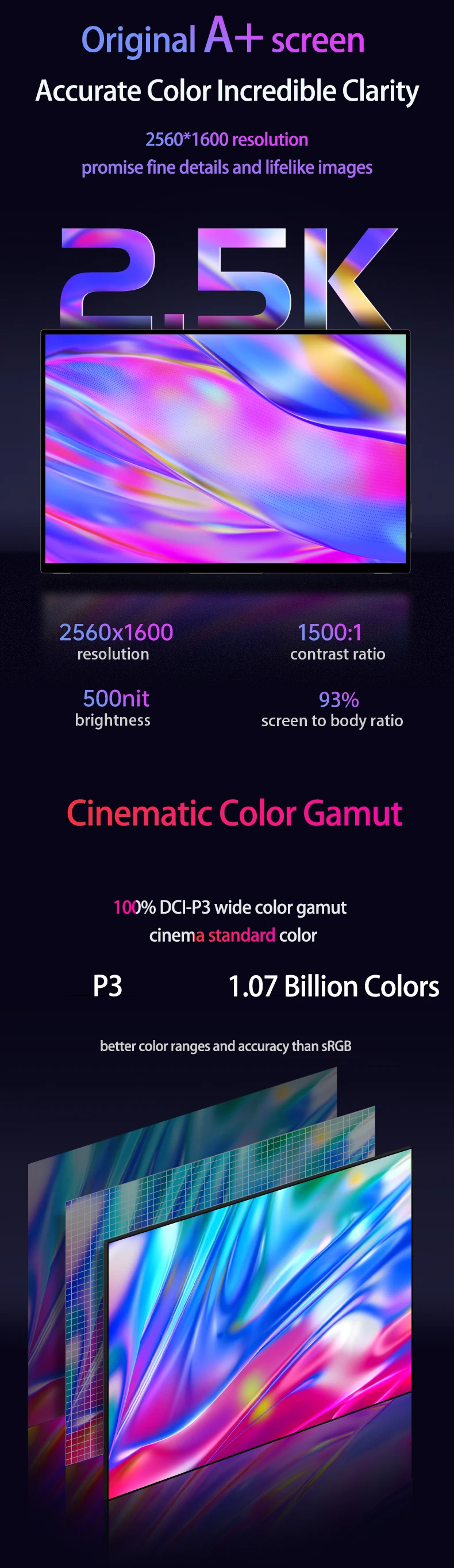 16:10 WUXGA 2.5K QLED IPS Display - Portable Monitor