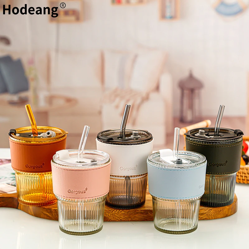 400ml New Design Vertical Stripes Leather Sleeve Clear Drinking Tumbler Travel Coffee Glass Cup ...