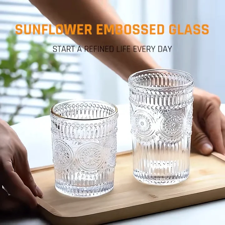 Vintage Thickened Sunflower Embossed Drinking Glass Cups Ribbed Whisky Wine Glasses Buy