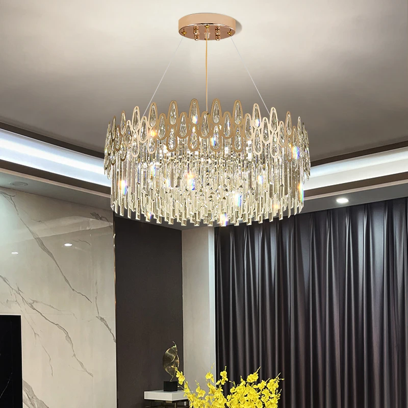 Luxury Round Gold Crystal Ceiling Light Modern Rectangle Crystal ...