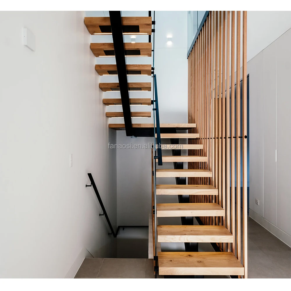 Open Riser Staircase Design With Wood Handrail Stainless Steel Railing ...