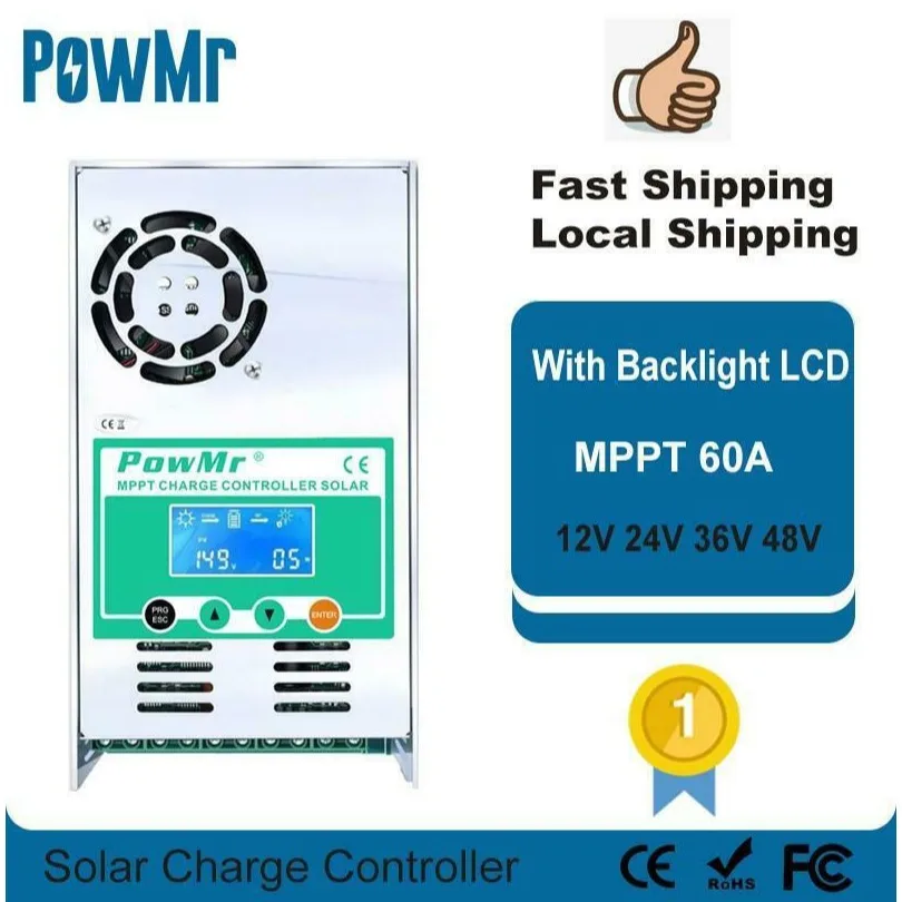 Powmr Mppt 60a 48v 36v 24v 12v Auto Max 160 Vdc Input Backlight Solar Controller Solar Charge ...