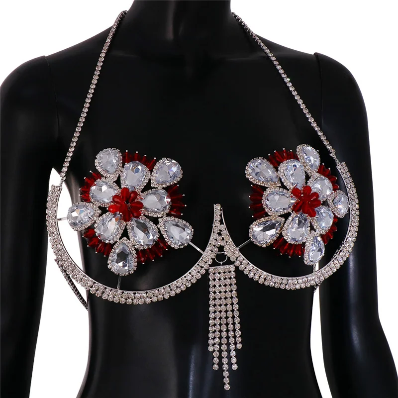 Personality Colorful Rhinestone Flower Nipple Bra Body Chain Fashion