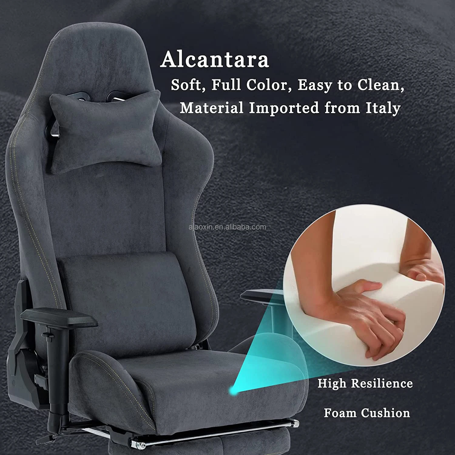 Ergonomic Gaming Chair with Footrest - Dark Grey Alcantara