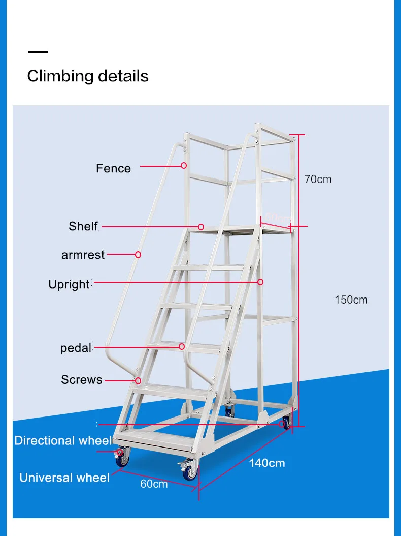 Warehouse Steel Safety Rolling Mobile Platform 6 Steps Ladder With ...