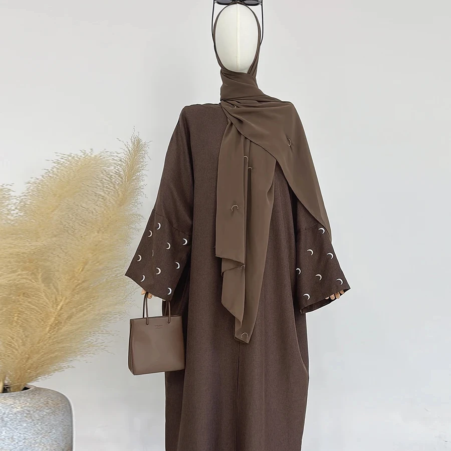 Moon Embroidery Thin Linen Effect Fabric Batwing Sleeves Kimono Muslim ...