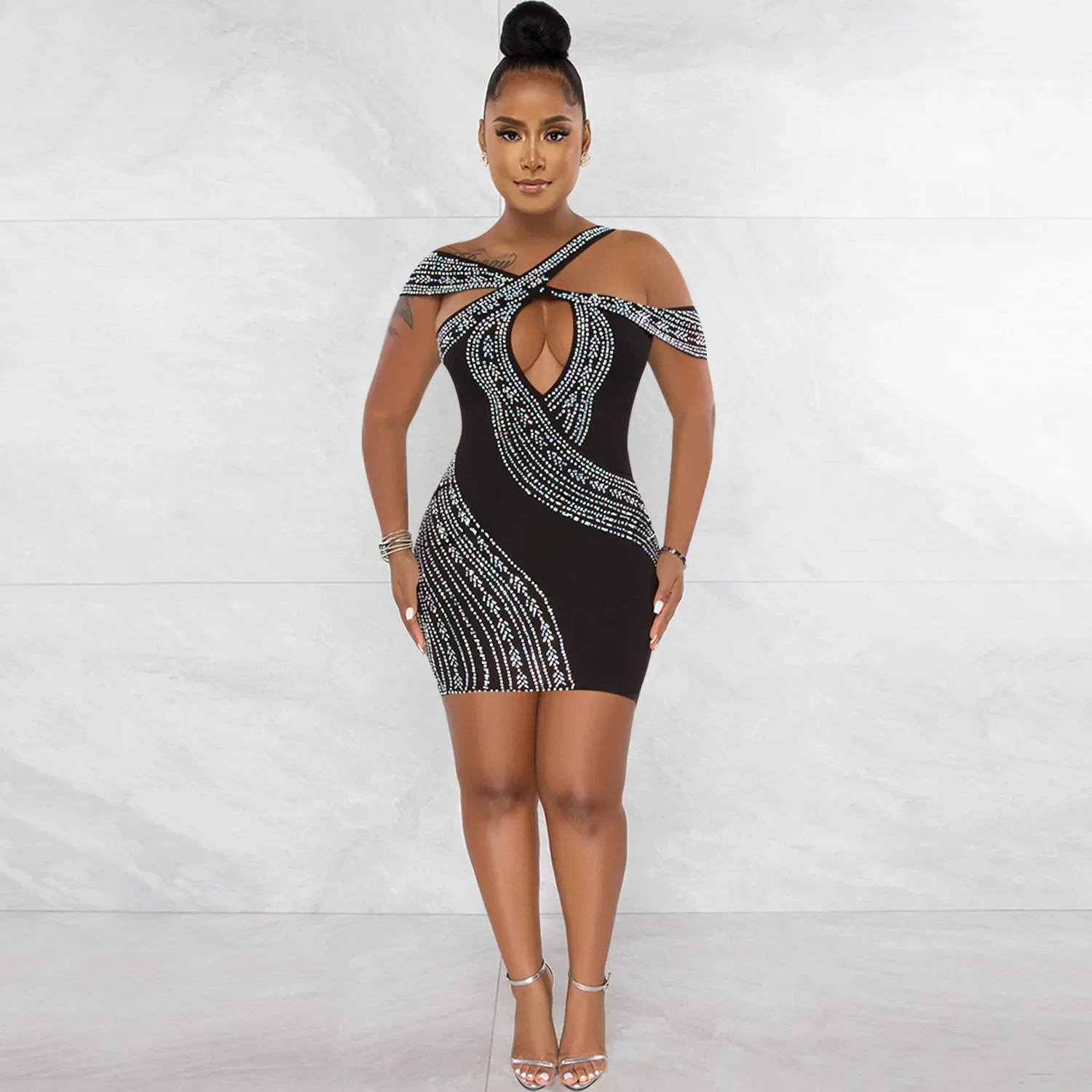 Sexy Nightclub Rhinestone Hollowed-out Mini Dress For Women Skinny Club ...