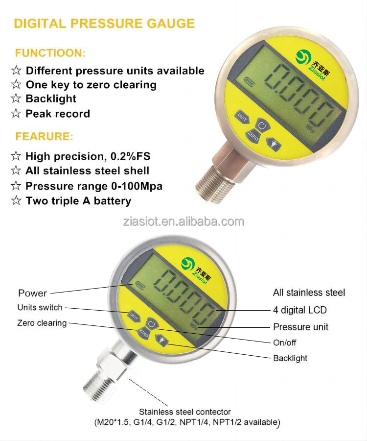 PT118 Digital Kpa Pressure Gauge Meter 10000psi Hydraulic