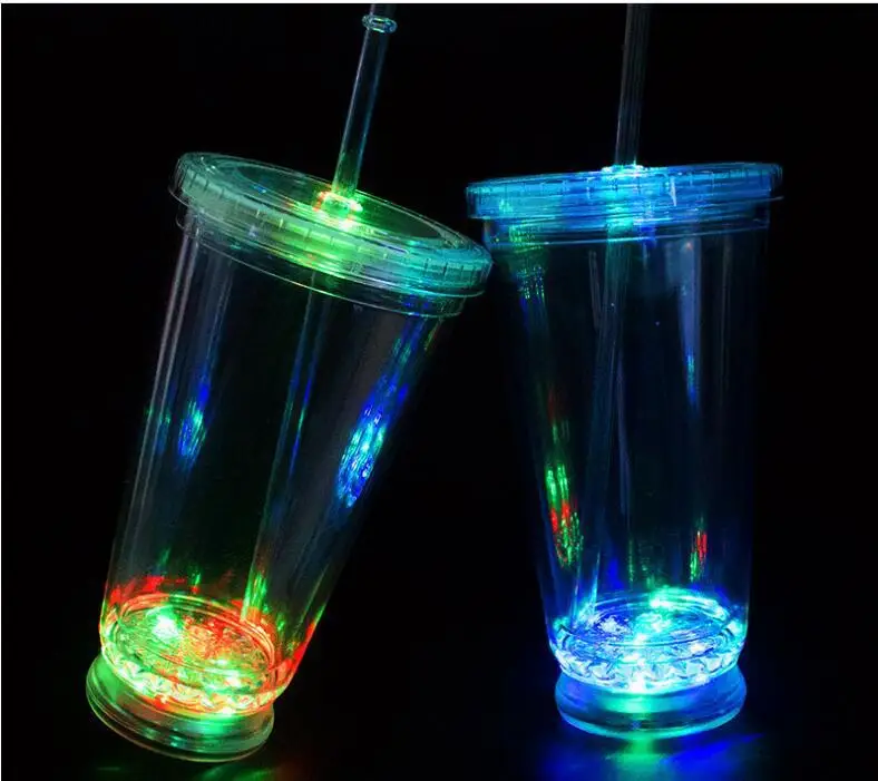 Double Wall Plastic Water Cup - Glowing Tumbler with Straw