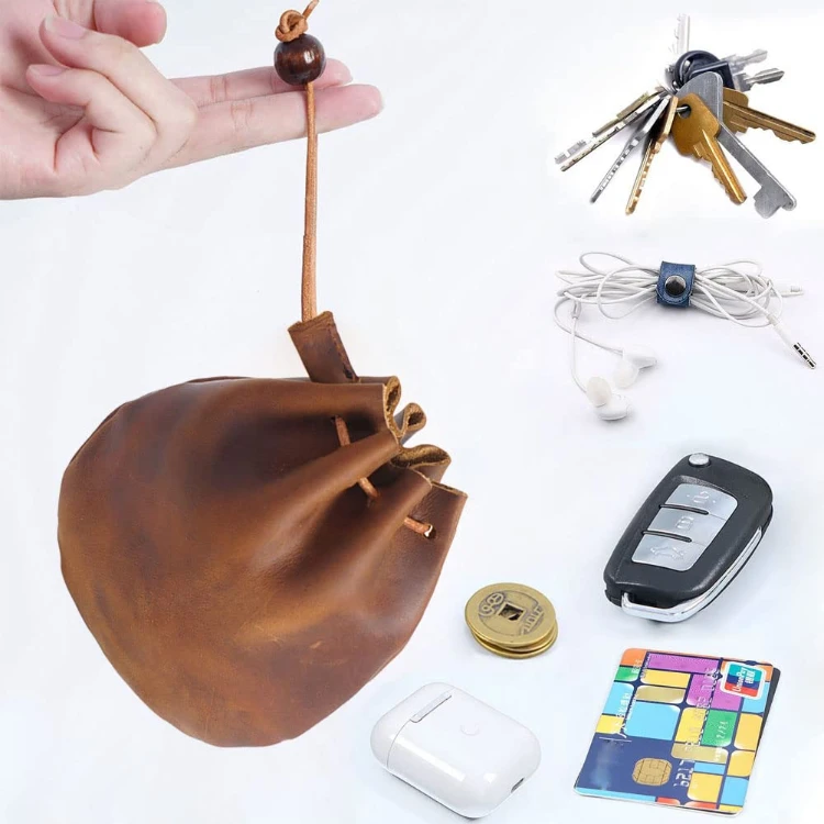 Leather Coin Pouch Vintage Drawstring Money Bag with Textile Packaging ...