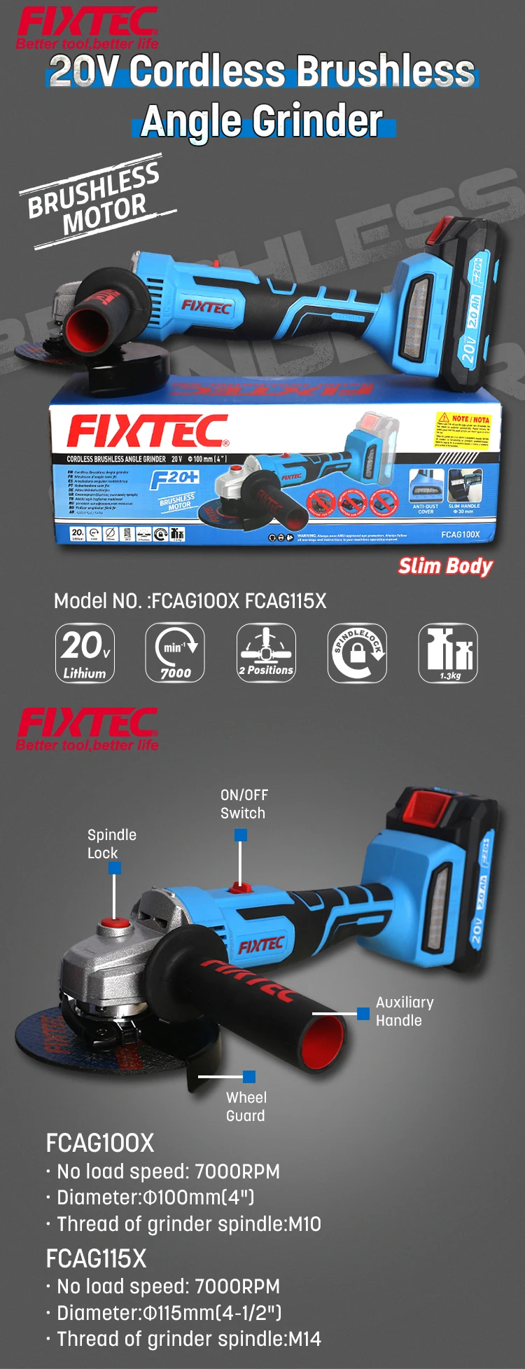 FIXTEC Power Tools - Slim Body 4inch Angle Grinder 7000RPM