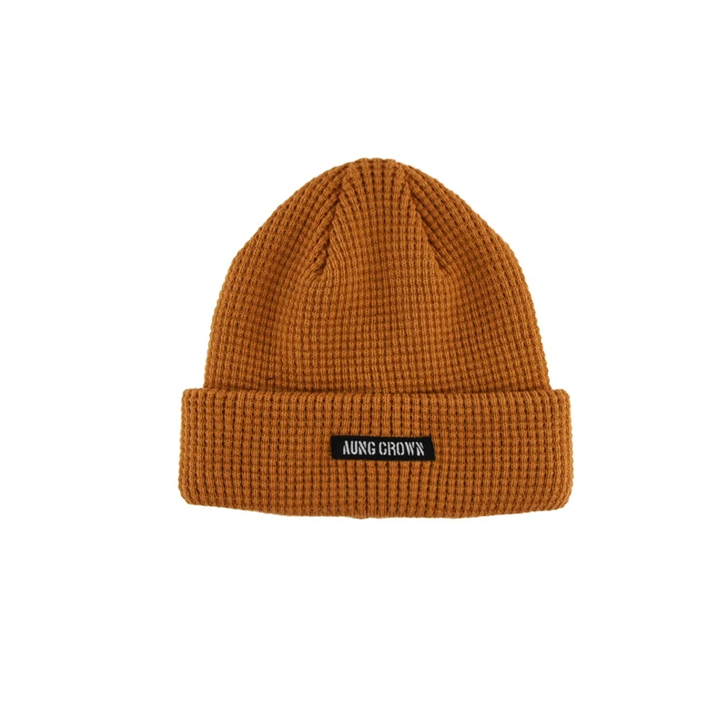 Custom Unisex Ribbed Skull Beanie Cap Leather Patch Logo Knitted Cuffed ...