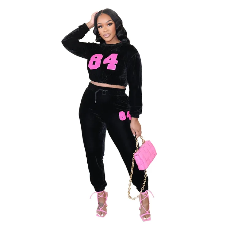 Zhezhe Spring 2024 Solid Velvet Sweatsuit Women Two Piece Sport Suit ...